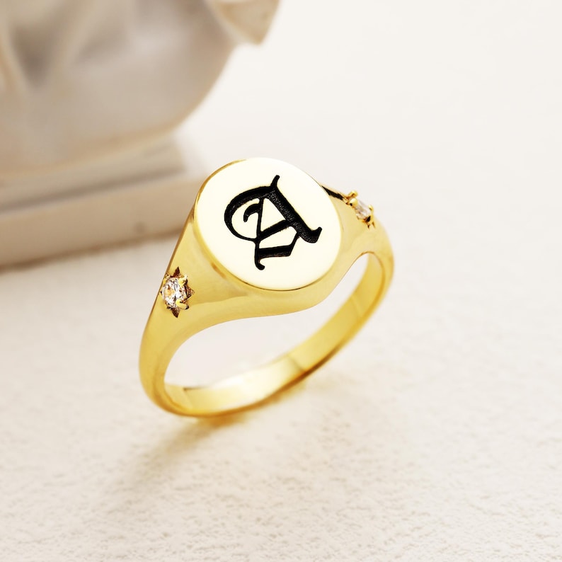 Custom Old English Font Ring, Engraved Signet Ring, Gold Letters Rings, Personalized Initial ...