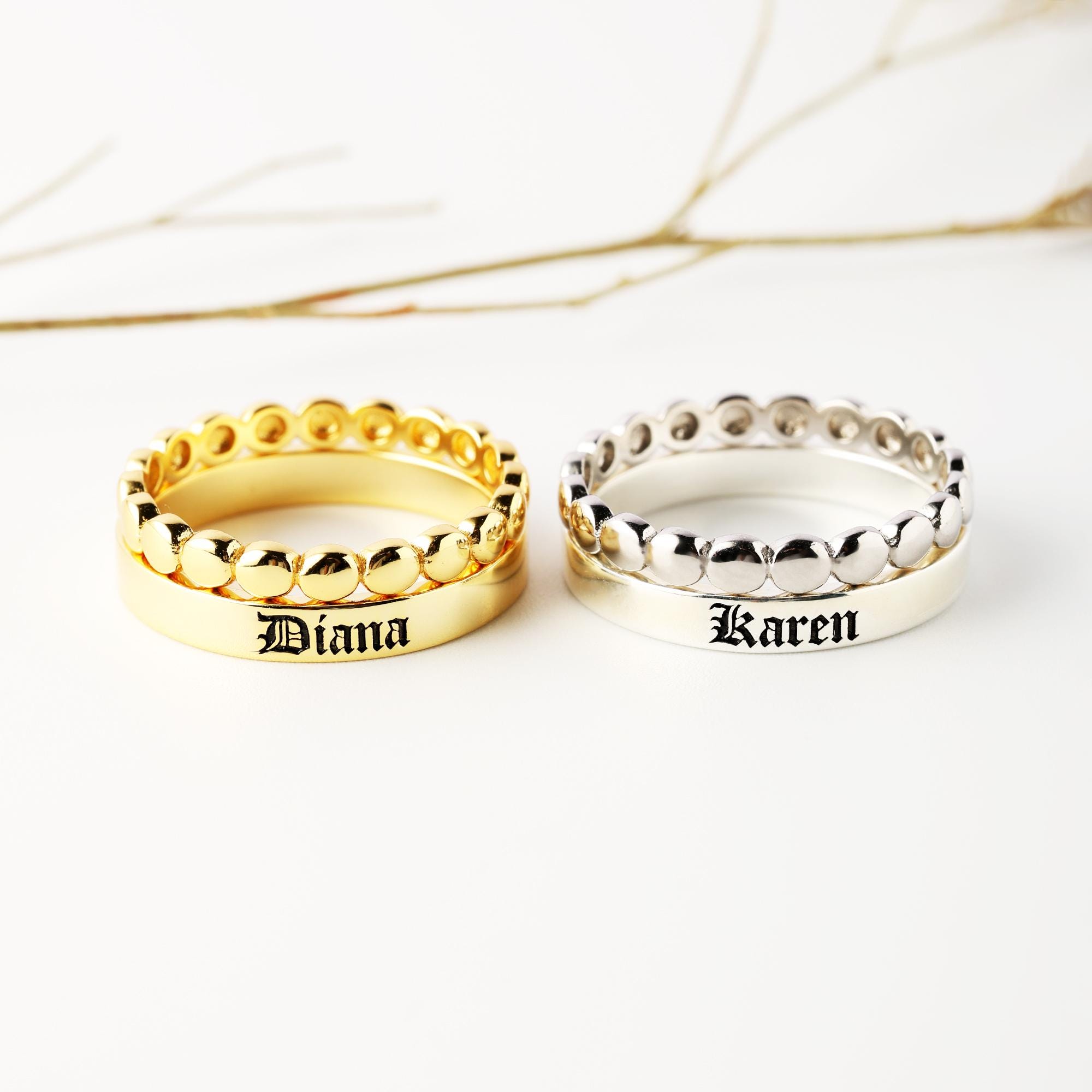 Gothic Name Ring Set, Old English Name Ring, Stackable Ring, Custom Gothic Old English Name Band ...