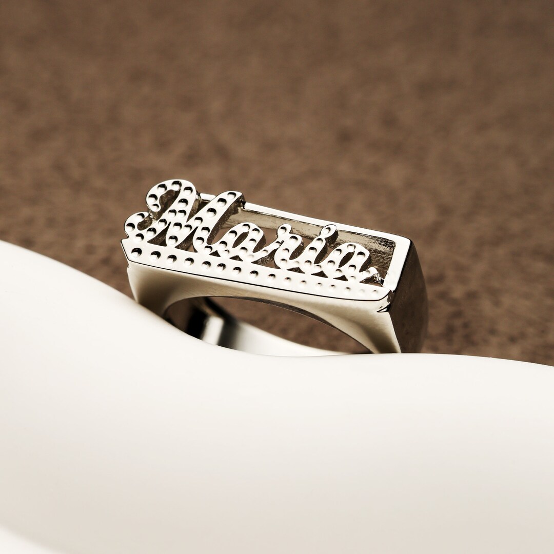 Silver Name Ring, Custom Name Ring, Cursive Font Letters, Diamond Cut ...