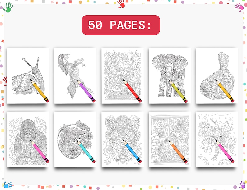 Animals Stress Relief Coloring Pages | 50 Pages | Cute Animal Coloring ...