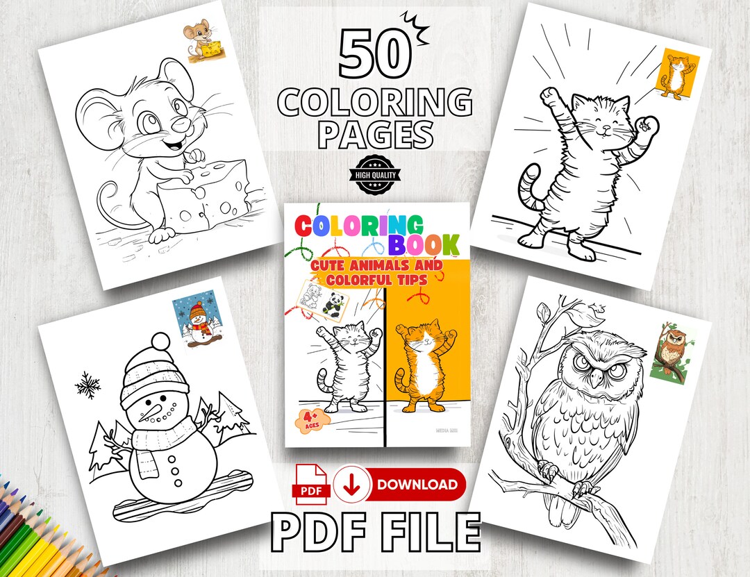 Cute Animals and Colorful Tips Coloring Pages | 50 Pages | Cute ...