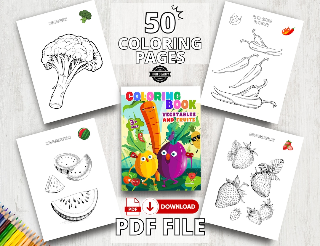 Vegetables AND Fruits Coloring Pages | 50 Cute Pages | Educational ...