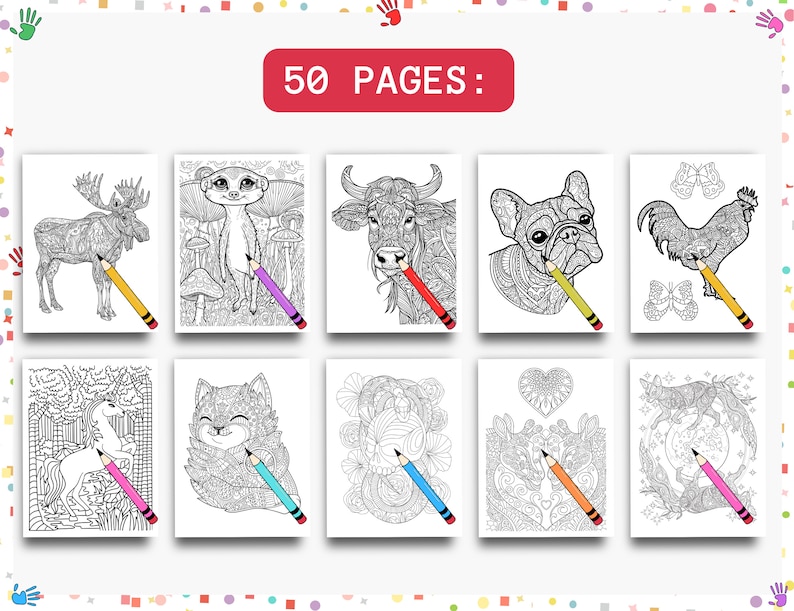 Animals Stress Relief Coloring Pages | 50 Pages | Cute Animal Coloring ...