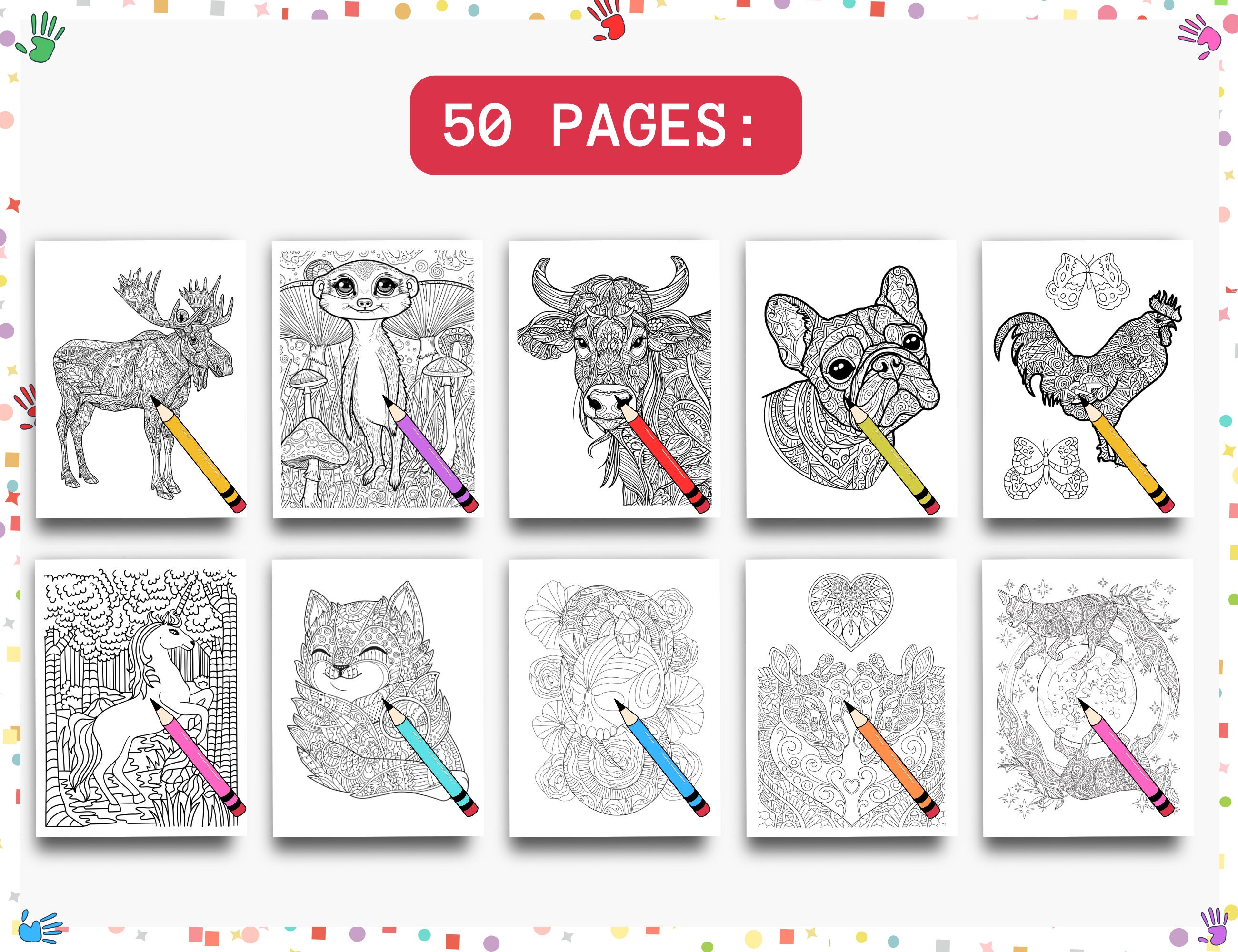 Animals Stress Relief Coloring Pages | 50 Pages | Cute Animal Coloring ...