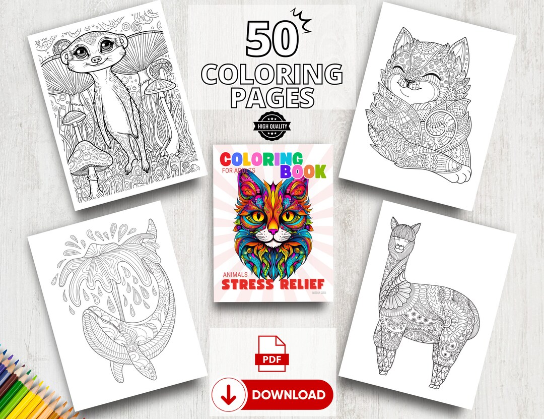 Animals Stress Relief Coloring Pages | 50 Pages | Cute Animal Coloring ...