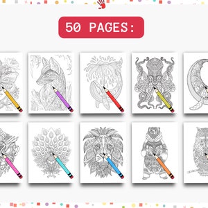 Animals Stress Relief Coloring Pages | 50 Pages | Cute Animal Coloring ...