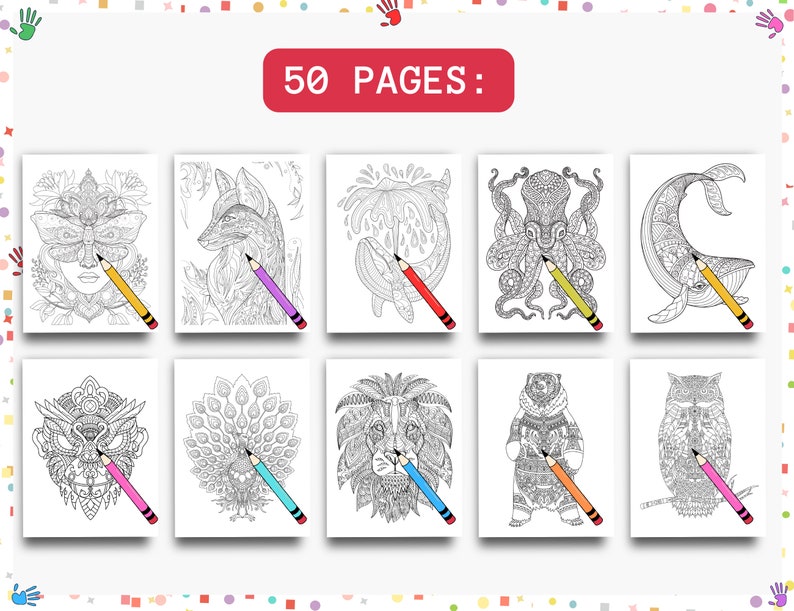 Animals Stress Relief Coloring Pages | 50 Pages | Cute Animal Coloring ...