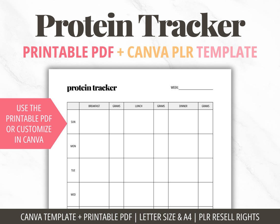 Protein Tracker Printable PDF | Protein Chart Template Canva PLR ...