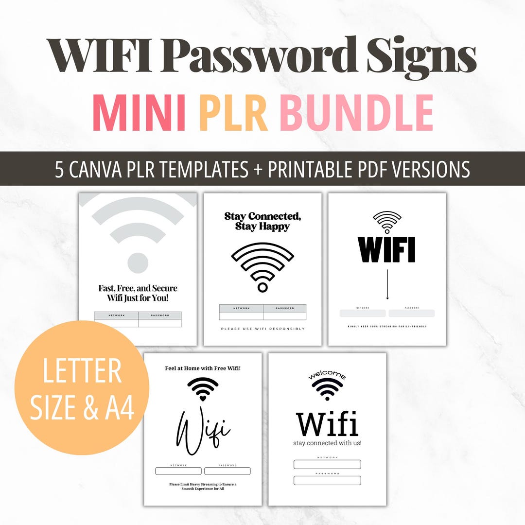 WIFI Sign Printable PDF Bundle of 5 Wifi Password Sign Template Canva ...