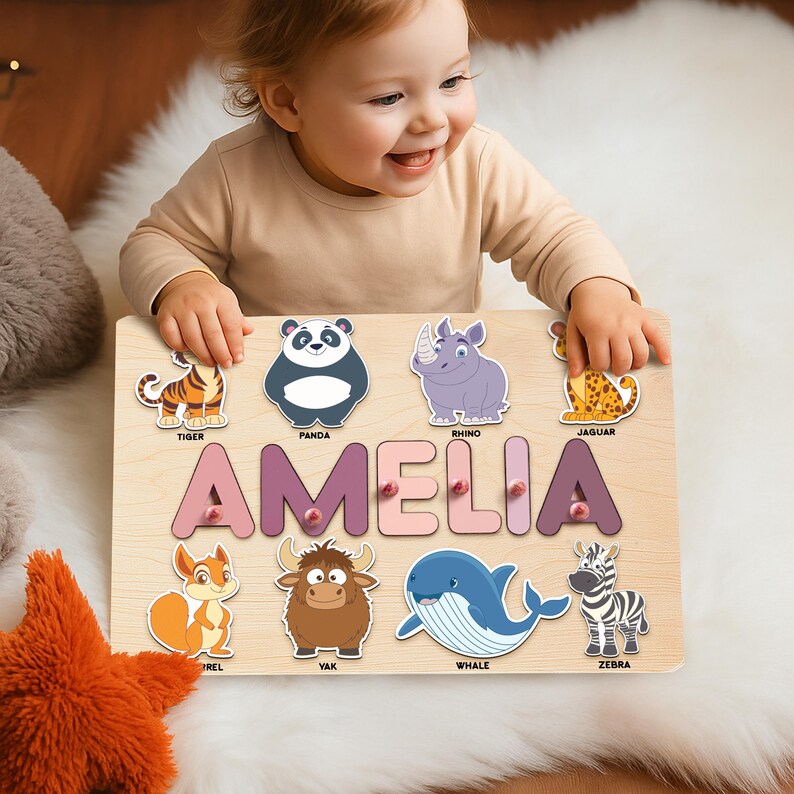 Personalized Animal Name Puzzle, Wooden Montessori Busy Board, Custom ...