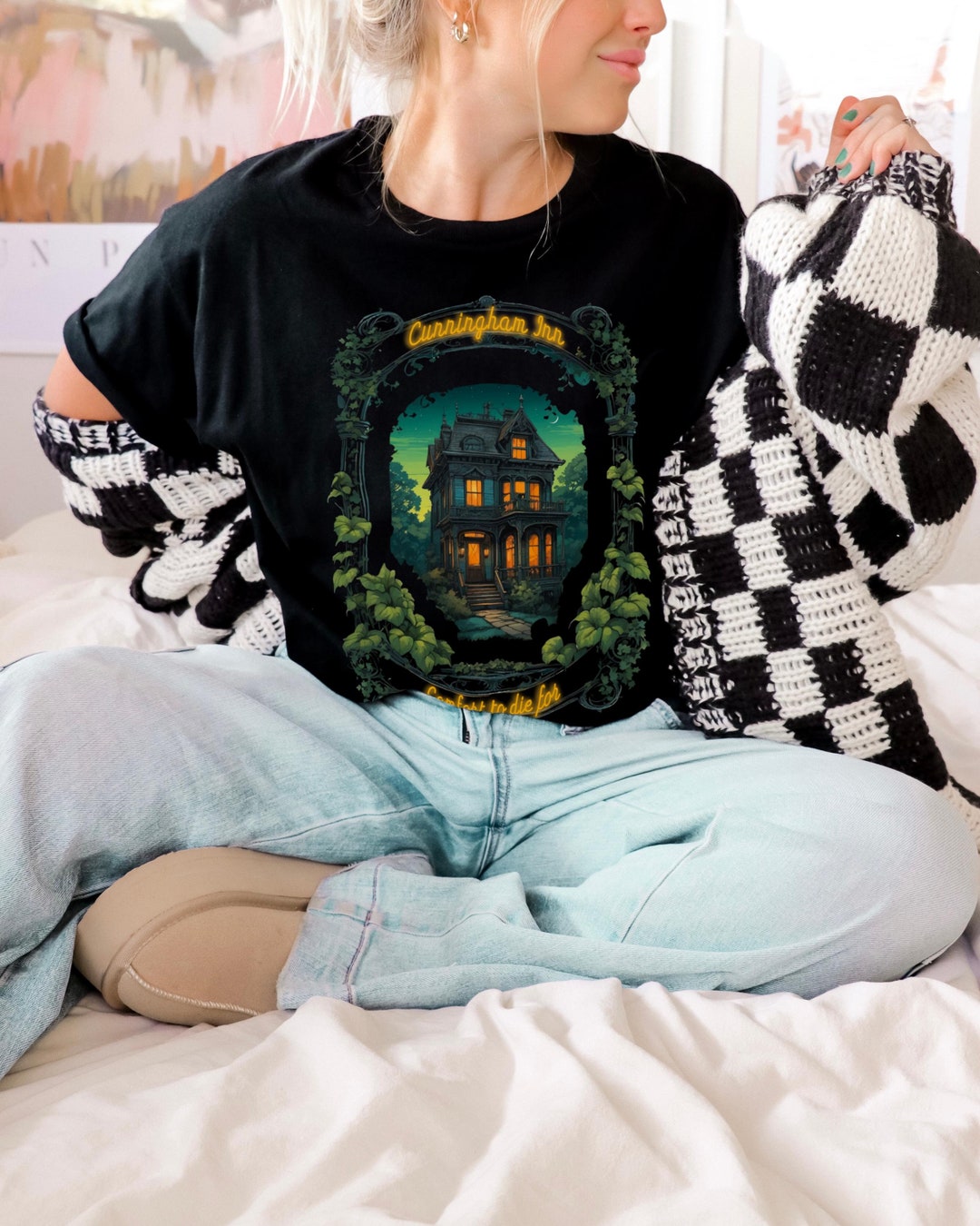 Cunningham Inn Comfort to Die for Vintage Distressed Haunted House T ...