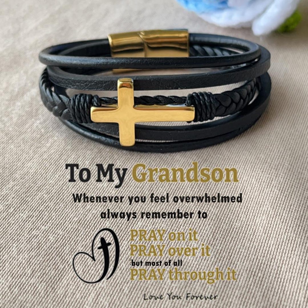 To My Grandson Cross Braided Leather Bracelet-pray Through It,birthday ...