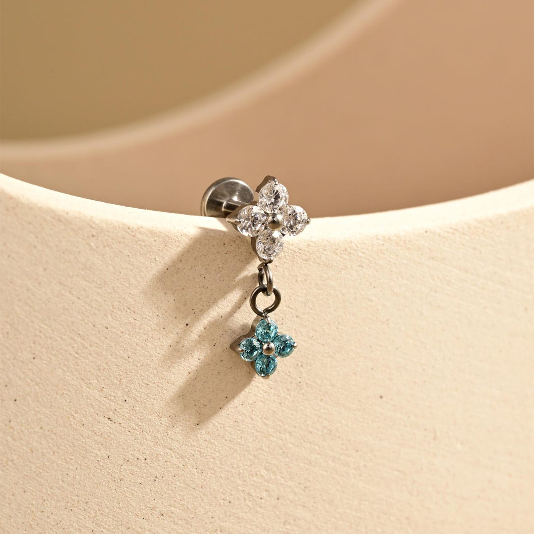 Flower Dangle Labret, Titanium Internally Threaded Tragus Stud - Etsy