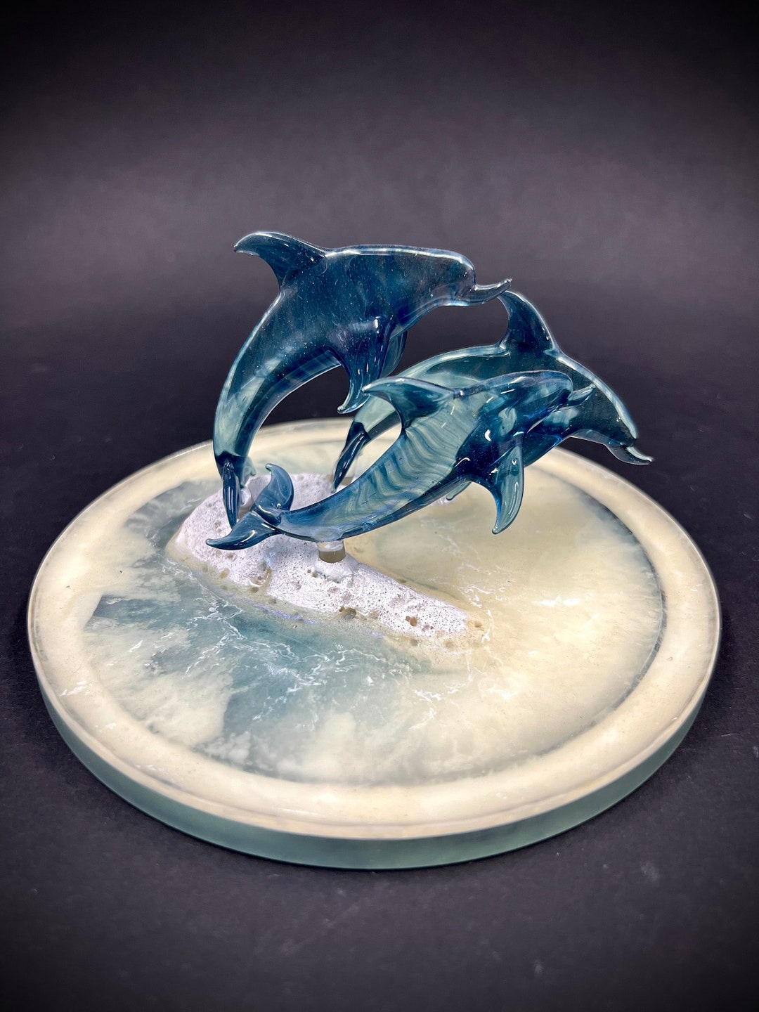 Triple Dolphin Glass Sculpture on a Resin Plate - Etsy