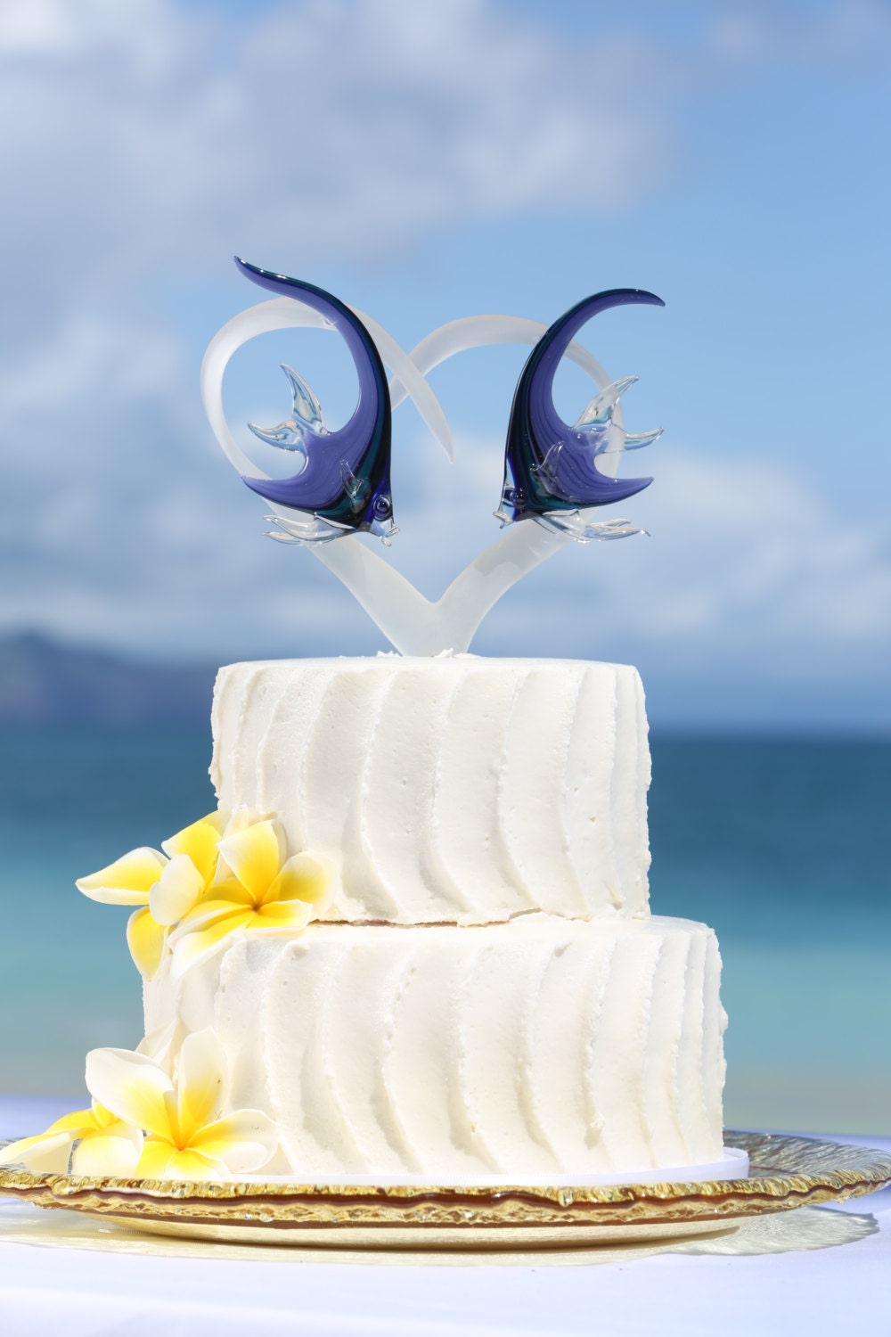 Frosted Glass Heart Cake Topper with Two Angelfish | Etsy