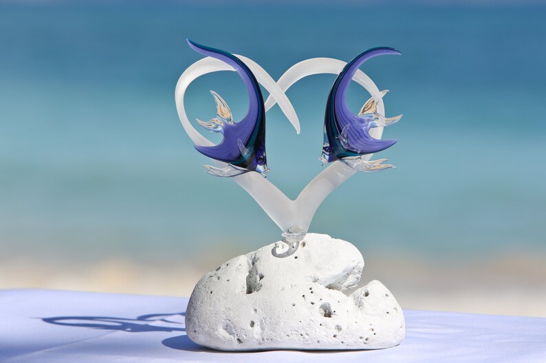 Frosted Glass Heart Cake Topper with Two Angelfish | Etsy
