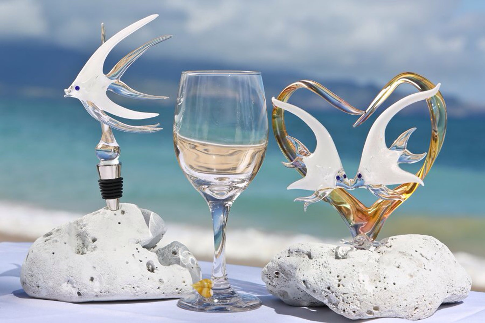 Custom Glass Heart Wedding Cake Topper With Kissing Angelfish - Etsy