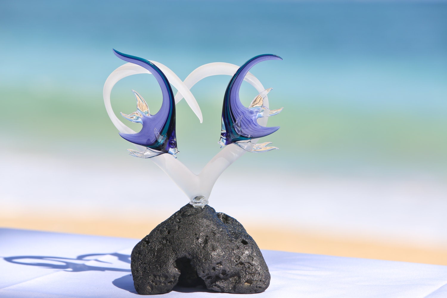 Frosted Glass Heart Cake Topper with Two Angelfish | Etsy