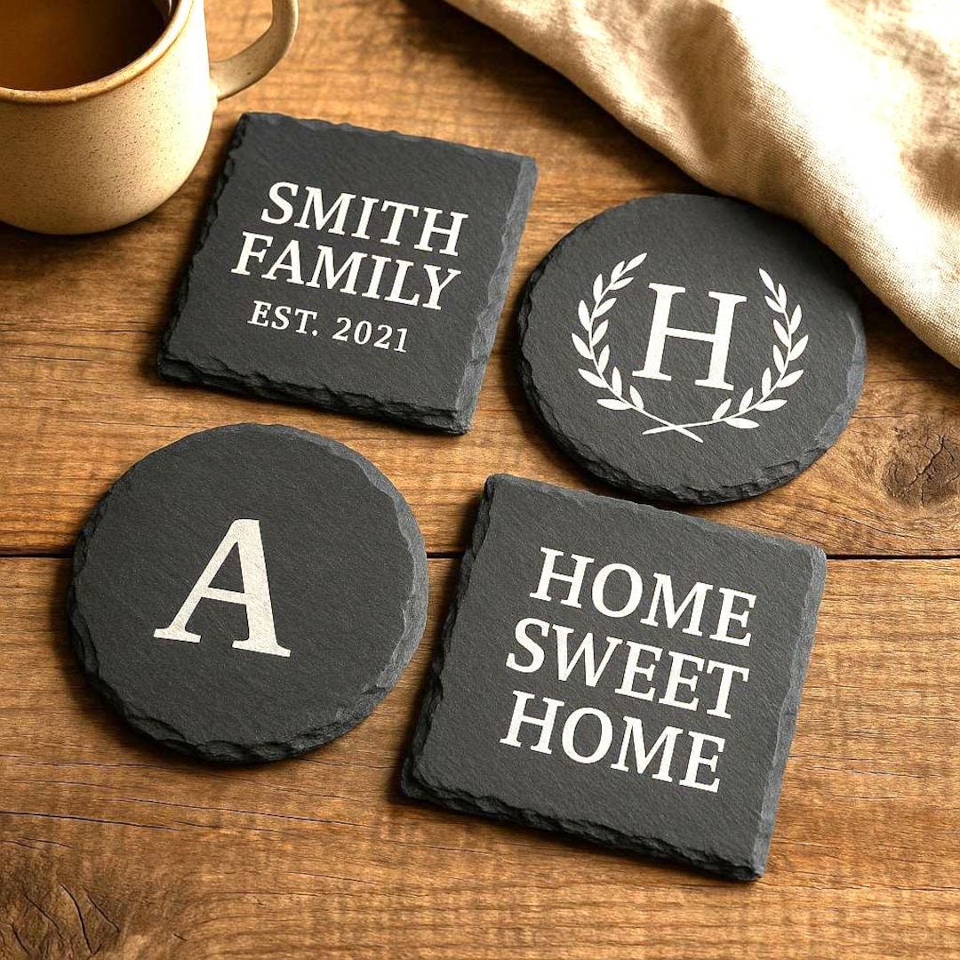 Personalized Slate Coasters | Rustic Engraved Stone Coasters | Custom ...