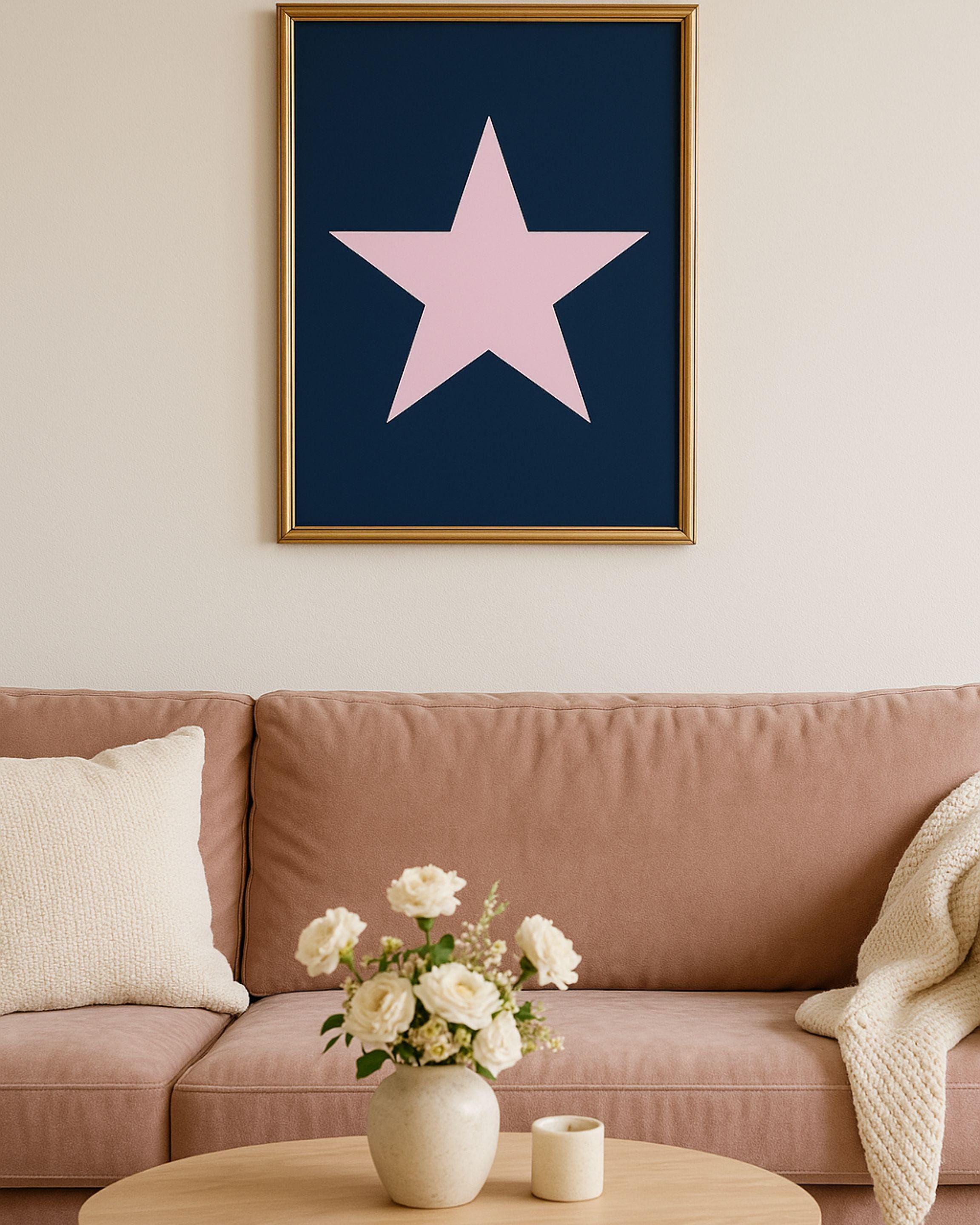 Baby Pink Star on Navy Background | Minimalist Digital Wall Art ...