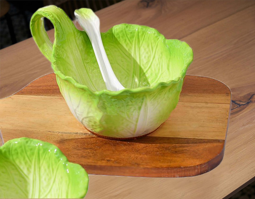 Hand-painted Cabbage Leaf Ceramic Bowl With Handle - Etsy