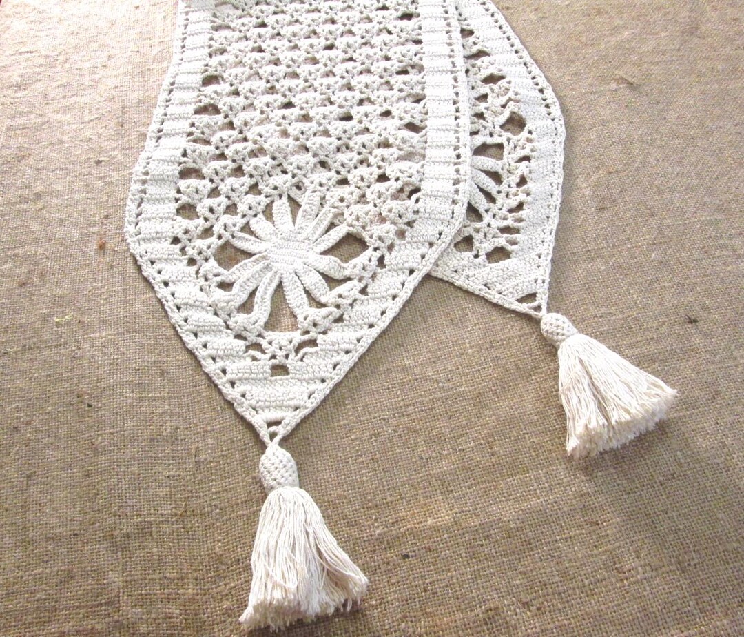 Vintage Crochet Lace or Macrame Table Runner Dresser Scarf Tassels Antique Table Linens 11" X 56 ...