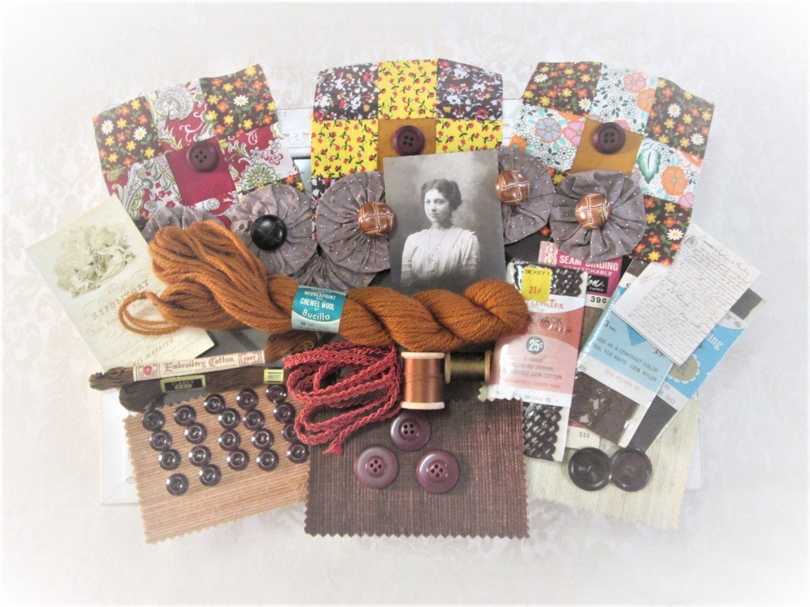 Vintage Destash Inspiration Kit Brown Sewing Supplies Haberdashery Lot ...