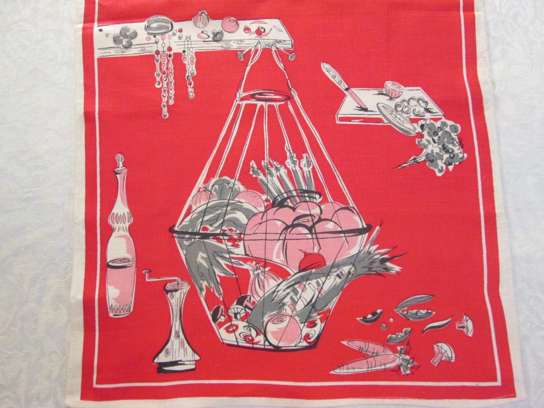 Vintage Tea Towel Mid Century Kitchen Linens Retro Red Dish Towel 1960 ...