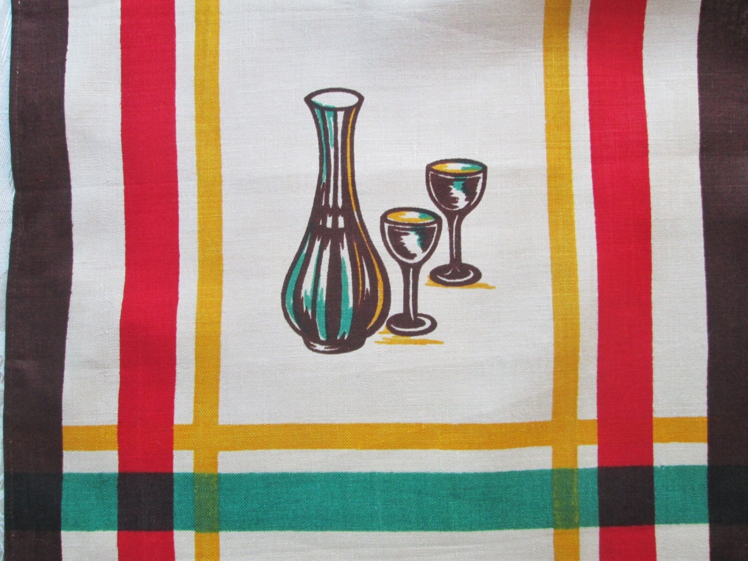 Vintage Tea Towel Kitchen Linens Retro Table Runner Decanter Glasses ...