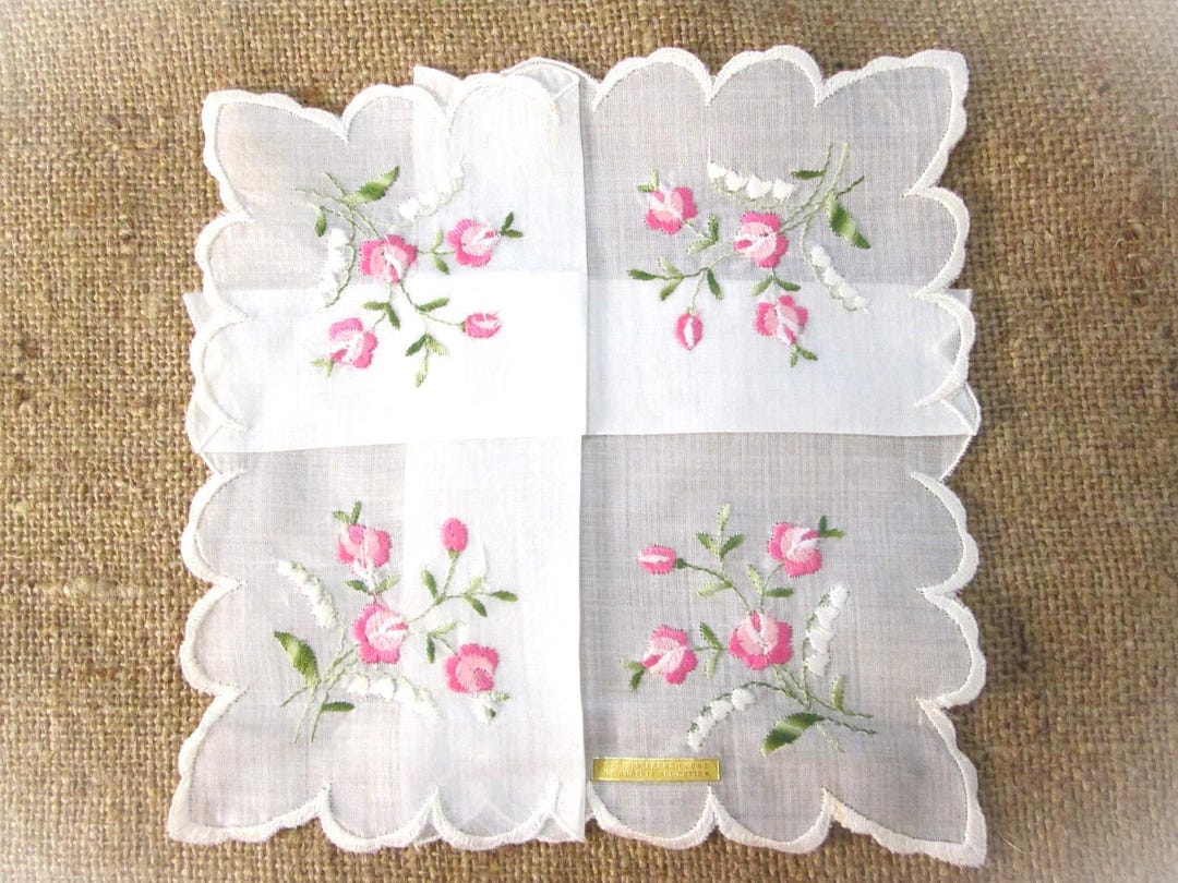 Vintage Embroidered Handkerchief With Tag MWT NOS Mint Pink Rose Buds ...