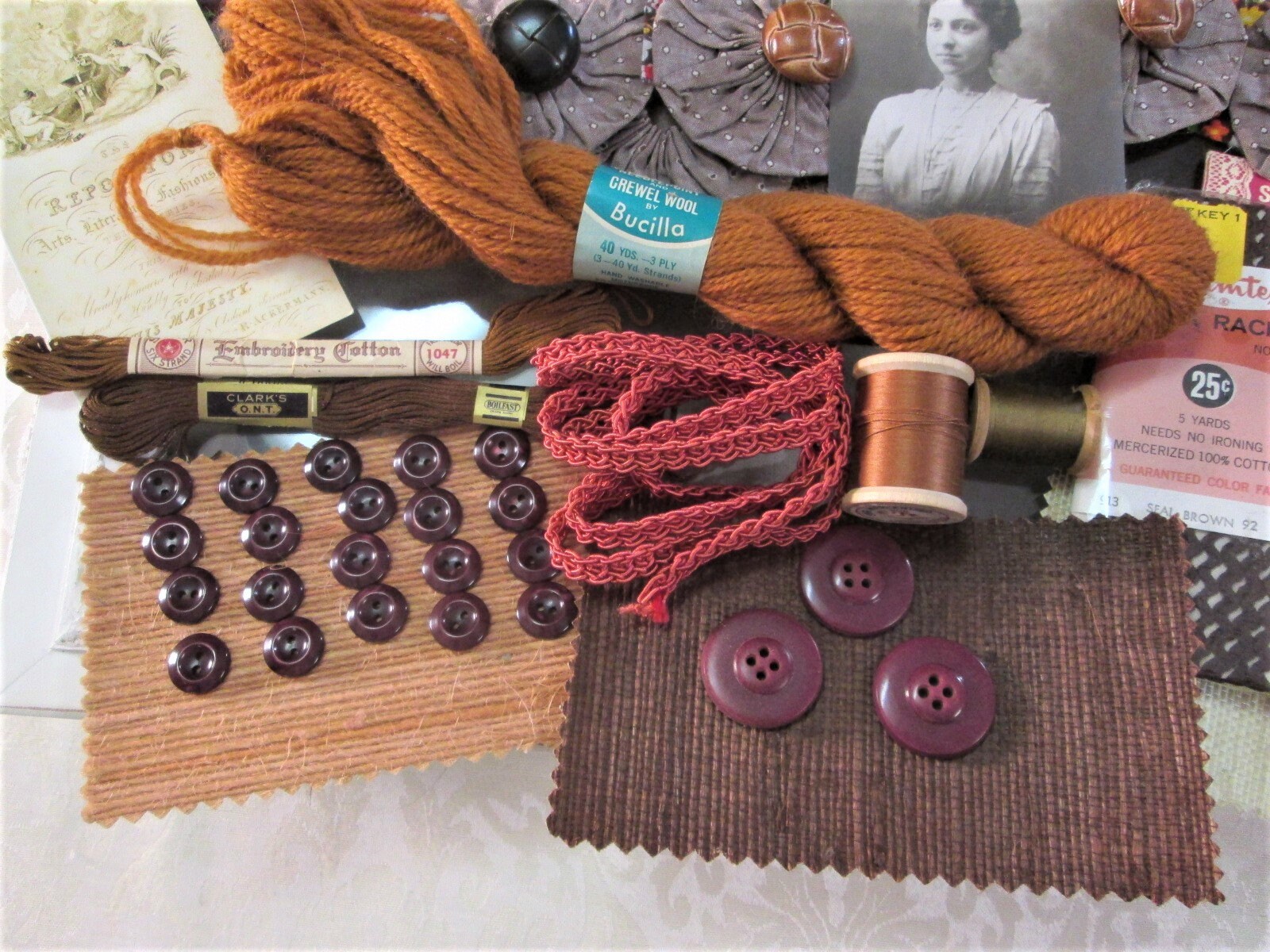 Vintage Destash Inspiration Kit Brown Sewing Supplies Haberdashery Lot ...