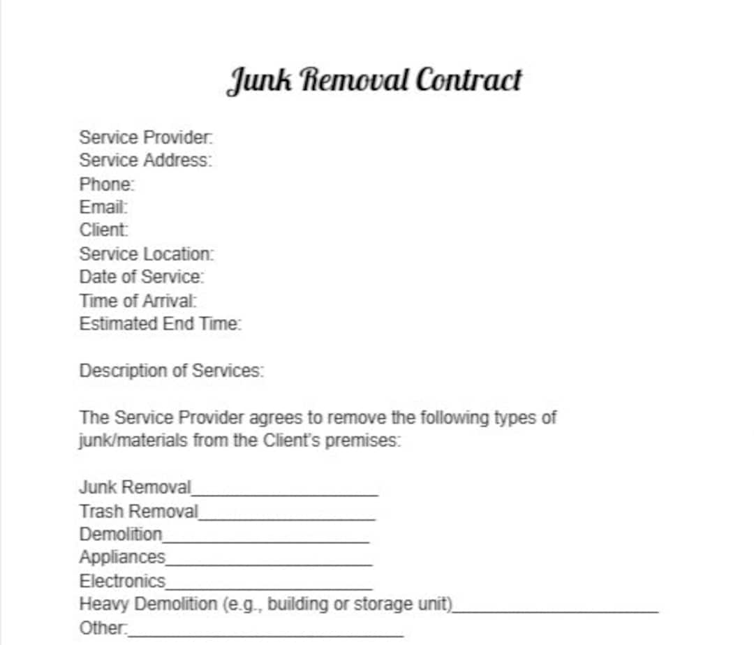 Easy Edit JUNK REMOVAL CONTRACT Includes Demolition - Etsy