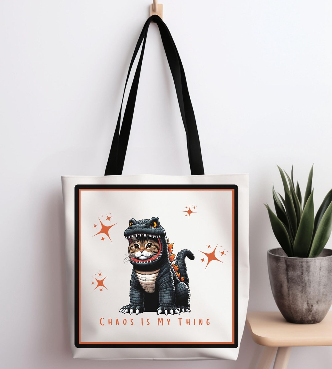 Catzilla Tote Bag, Cute Cat Shopping Bag, Chaos is My Thing, Sci Fi Bag ...