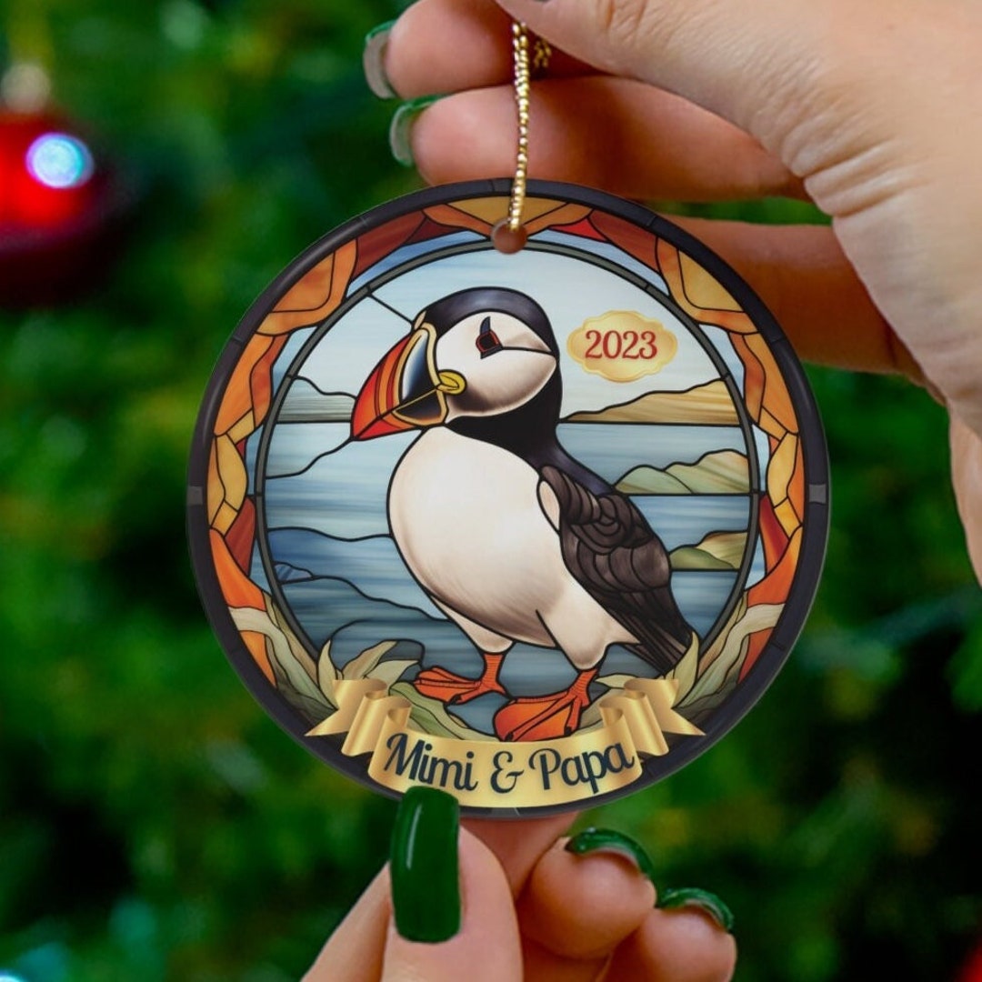 Custom Puffin Faux Stained Glass Ceramic Ornament, Teacher Personalized ...
