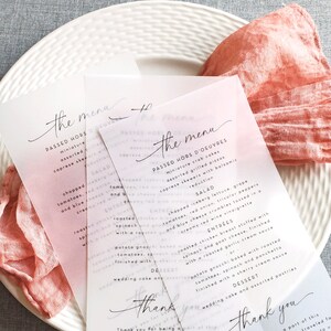 Clear Vellum Wedding Menu and Thank You - Custom Printed Modern Script ...