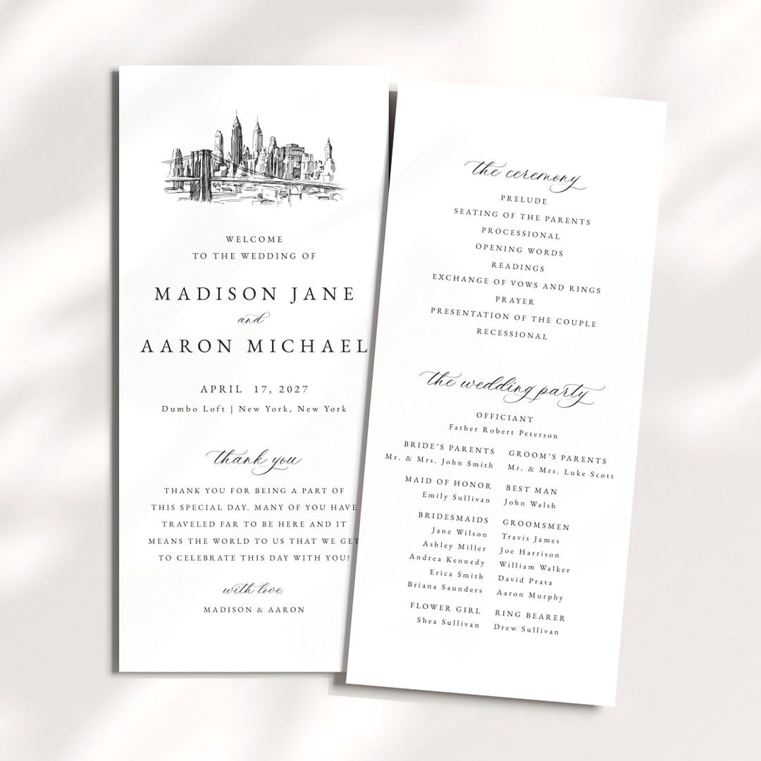 Printable Wedding Program Template - NYC New York City Skyline Modern ...