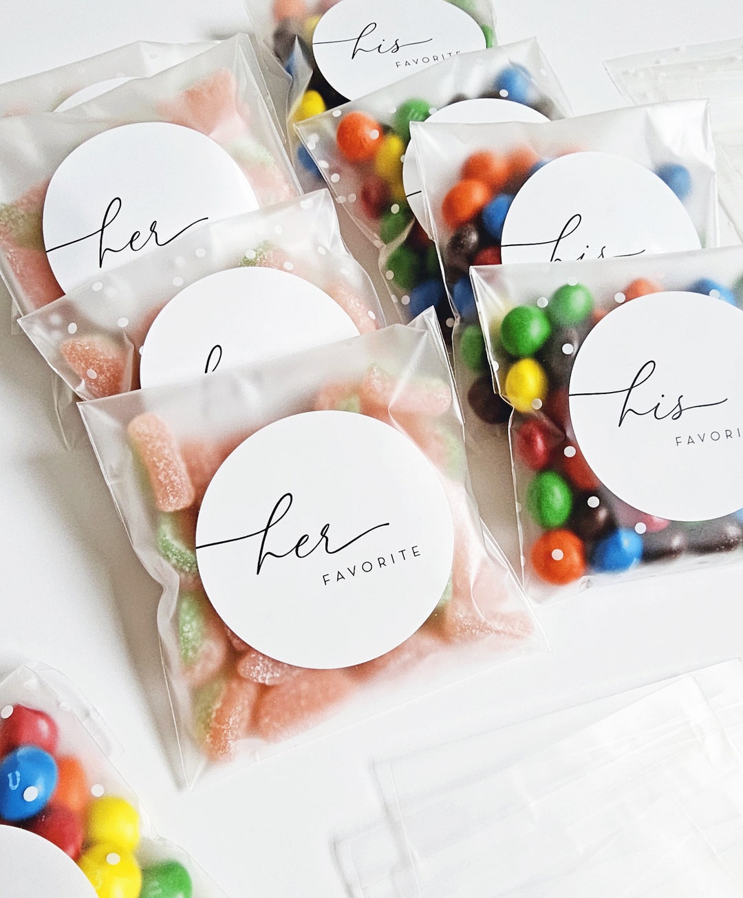 Wedding Candy Favor Bags and Stickers - Her Favorite, His Favorite, Our ...