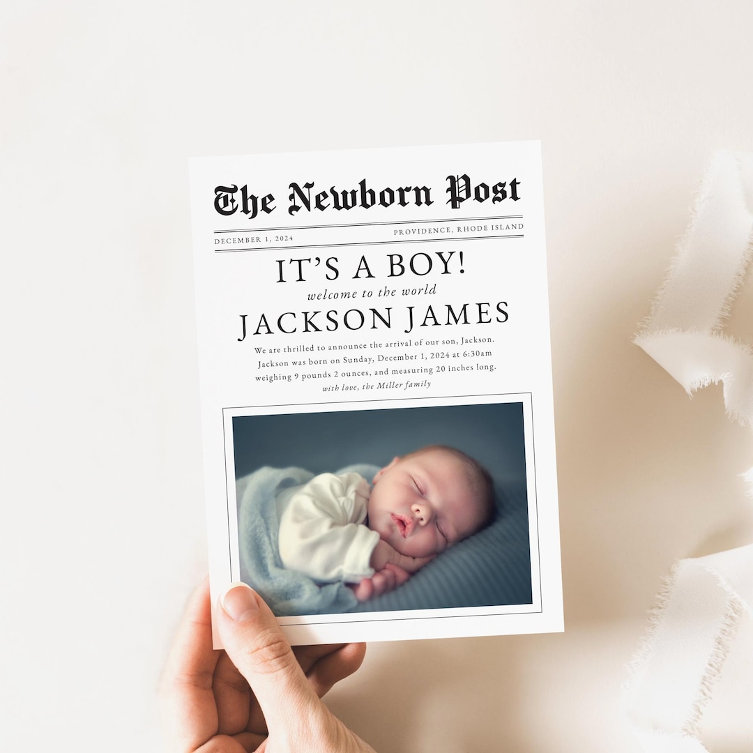 Printable Newspaper Birth Announcement Card: Photo Template (DIY ...