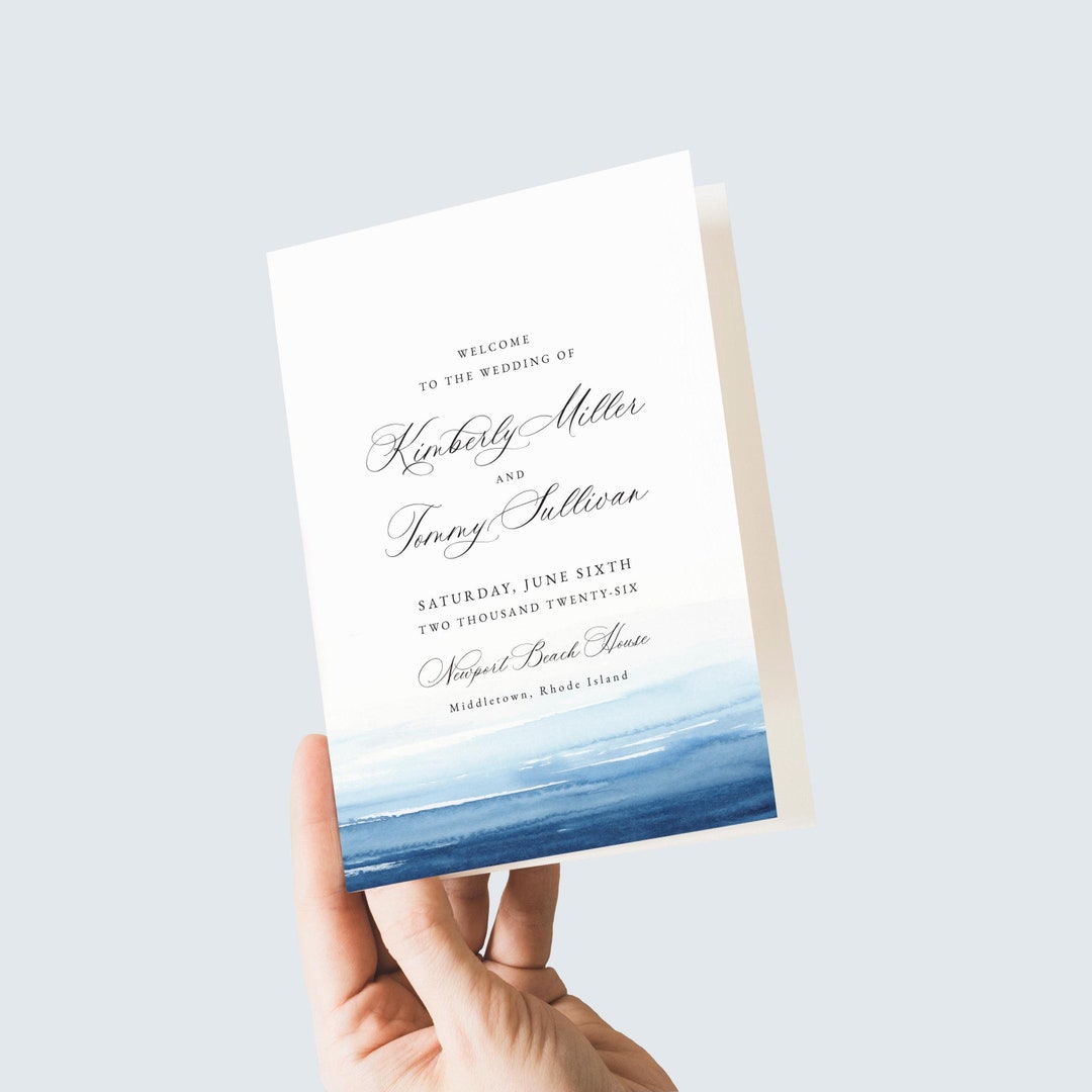 Beach Folded Wedding Program Template, Blue Watercolor Coastal Wedding ...