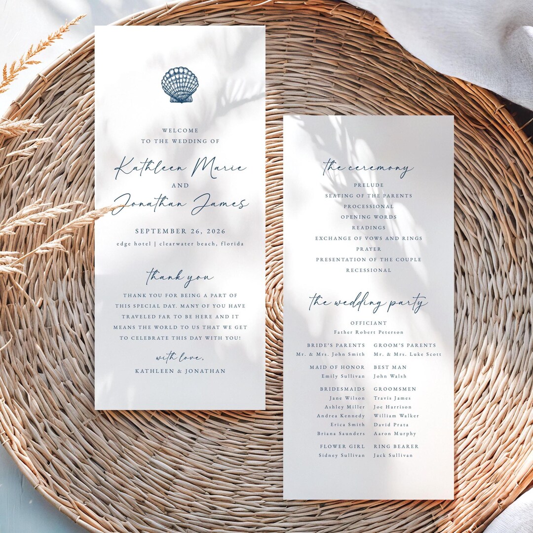 Beach Wedding Program Template: Blue Starfish & Shell Design (digital ...