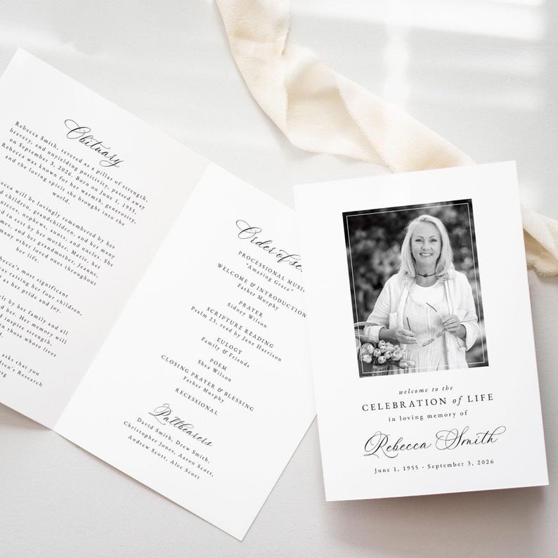 Printable Funeral Program Template - Folded Minimalist Celebration of ...