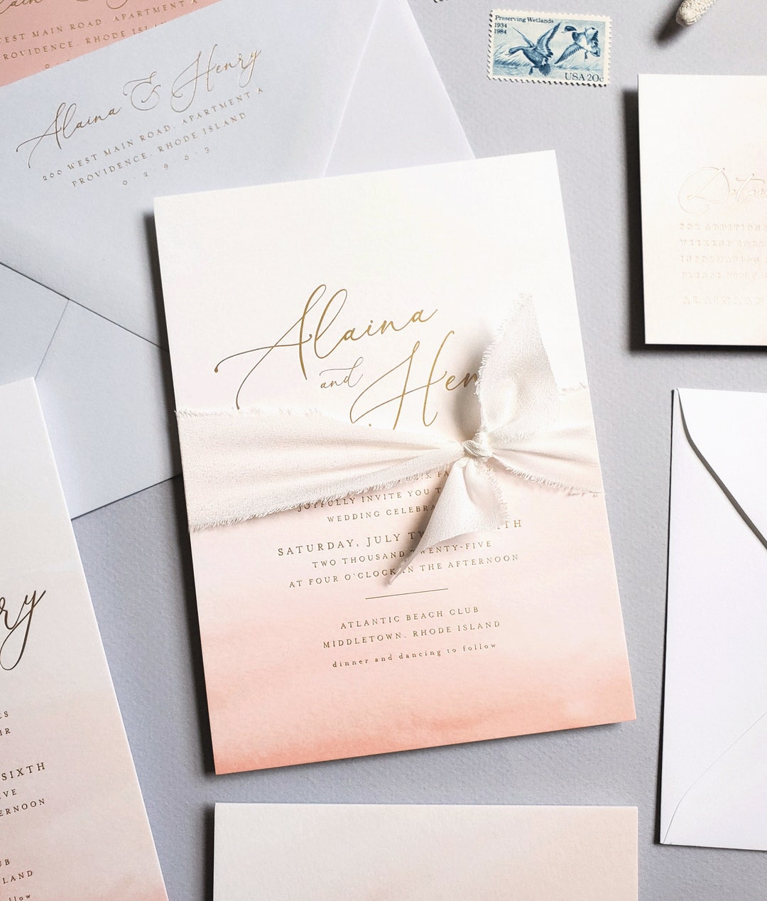 Gold Foil Alaina Beach Wedding Invitation With Foil Press Printing ...