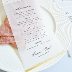 Clear Wedding Menus With Gold Foil Leaf Edge, Name Card and Clip ...