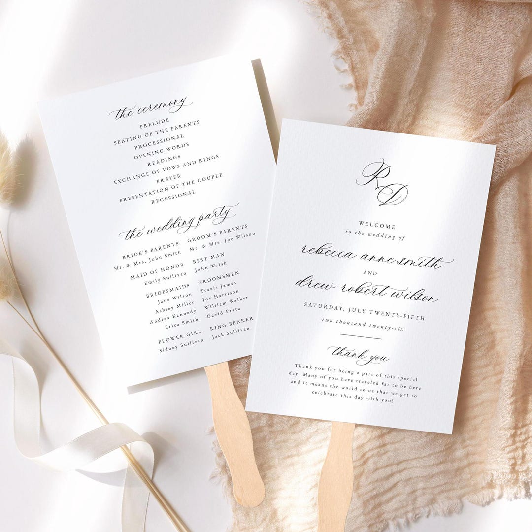 Wedding Fan Program Template - Printable Modern Calligraphy Script Font ...