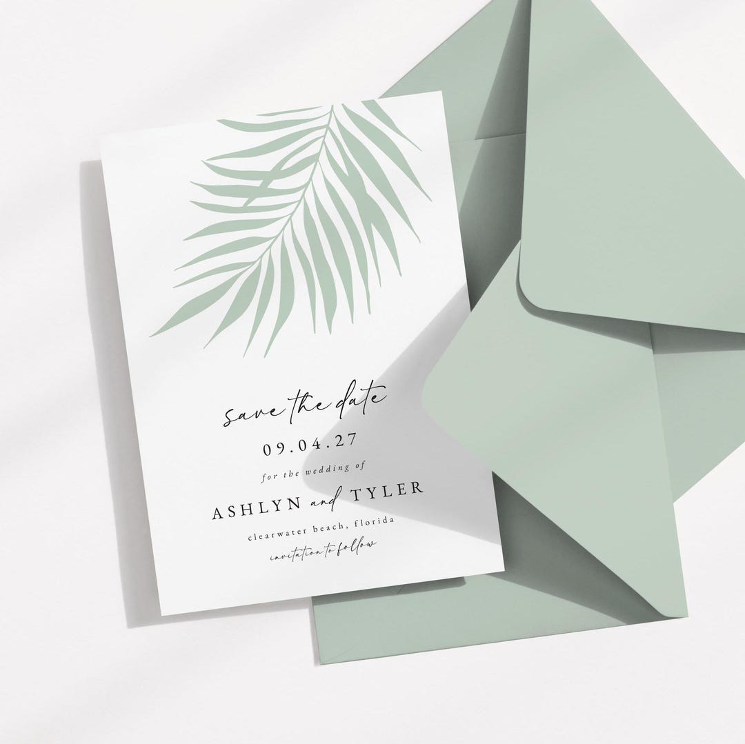 Printable Palm Branch Wedding Save the Date Template - Tropical Green ...