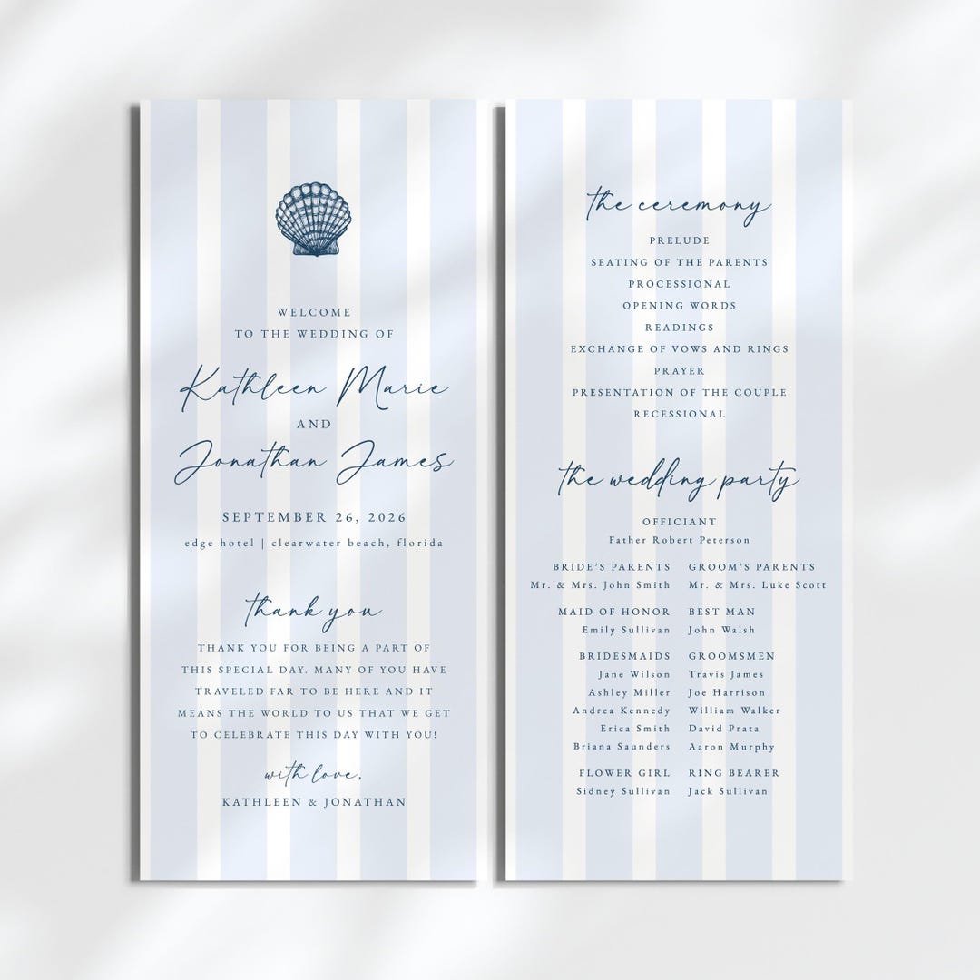 Beach Wedding Program Template: Blue Shell & Starfish Design (digital ...