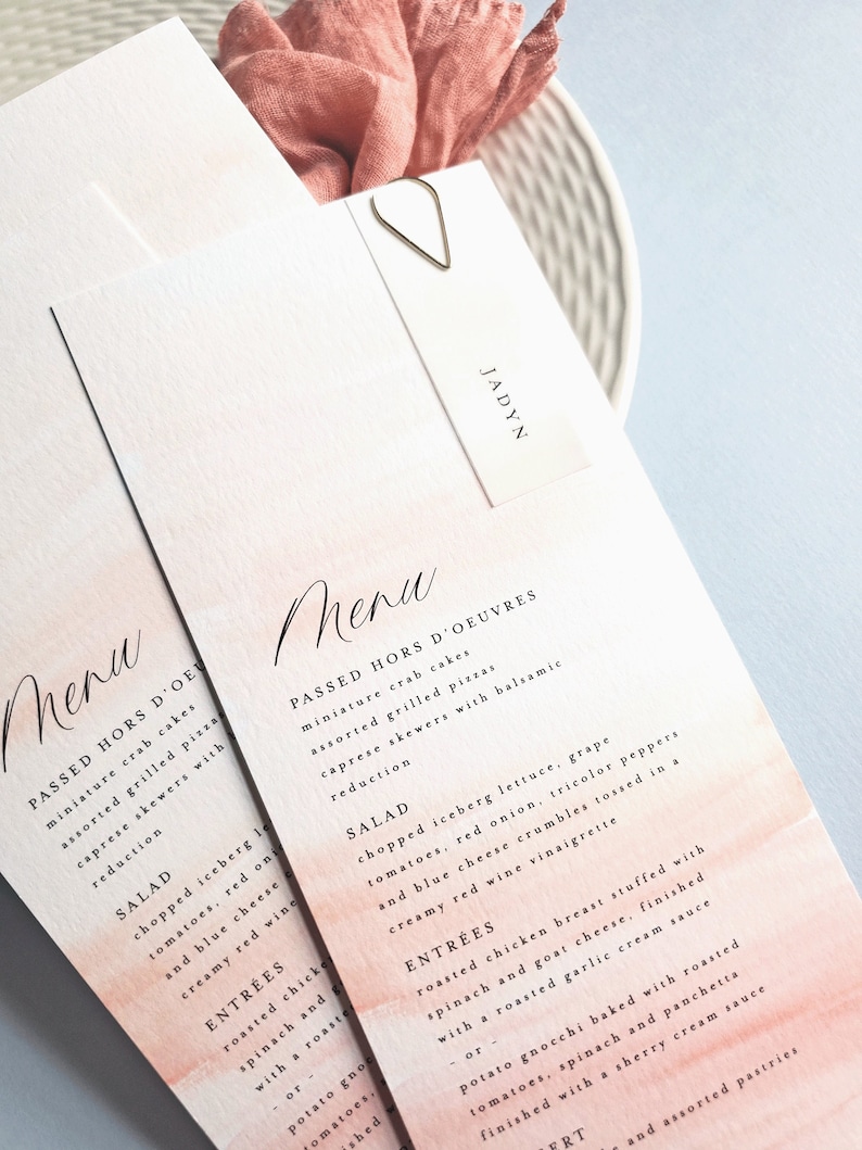 Blush Pink Wedding Menus With Name Card and Clip Custom - Etsy