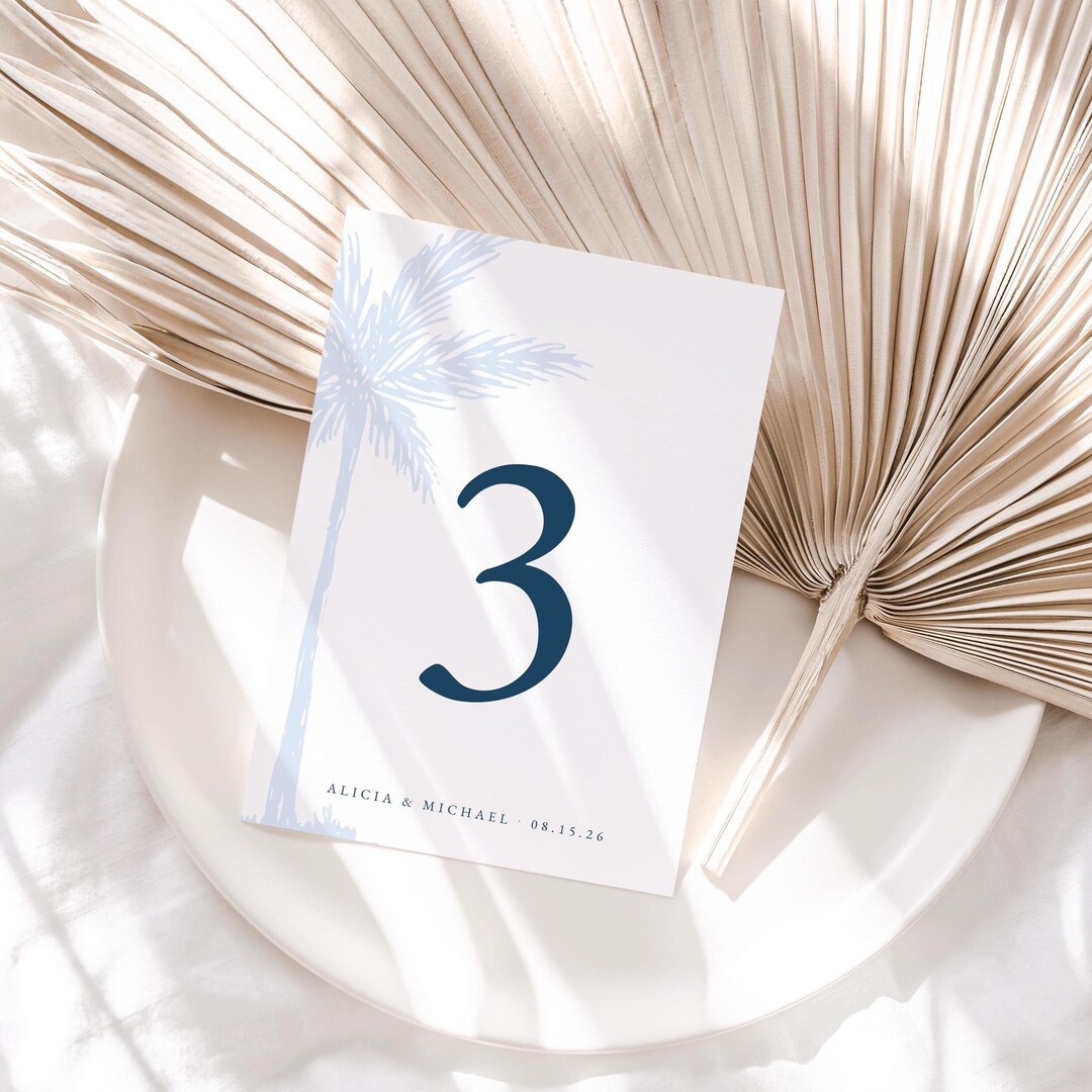 Printable Blue Palm Tree Beach Table Number Template Editable DIY ...