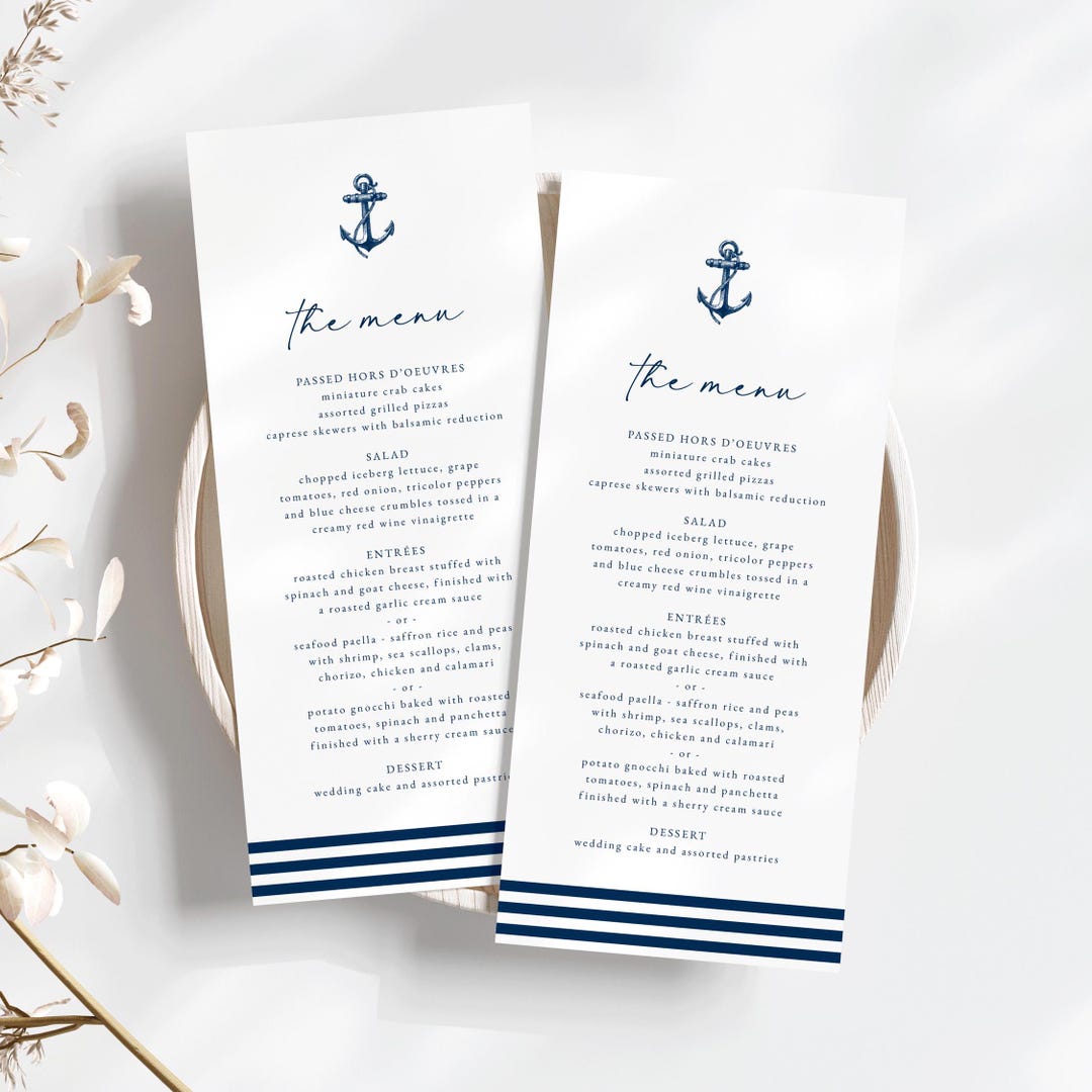 Printable Nautical Wedding Menu Template - Navy Blue Anchor Beach ...