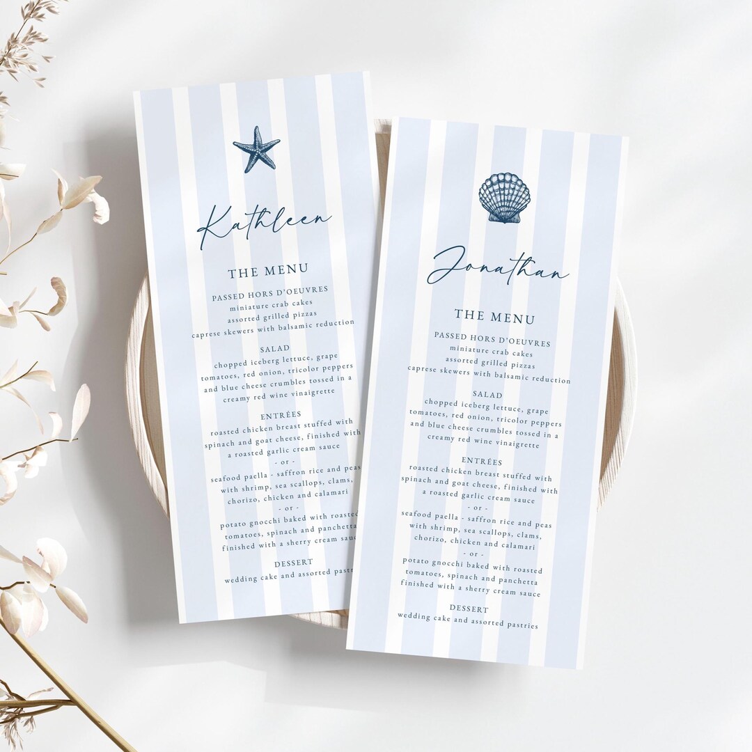 Beach Wedding Menu Template: Shell & Starfish Menu, Blue Stripes ...